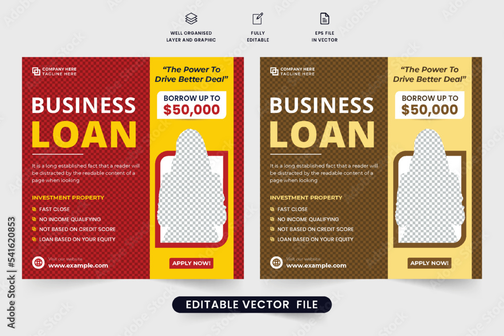Small business loan social media post template with red and yellow colors. Banking service ...