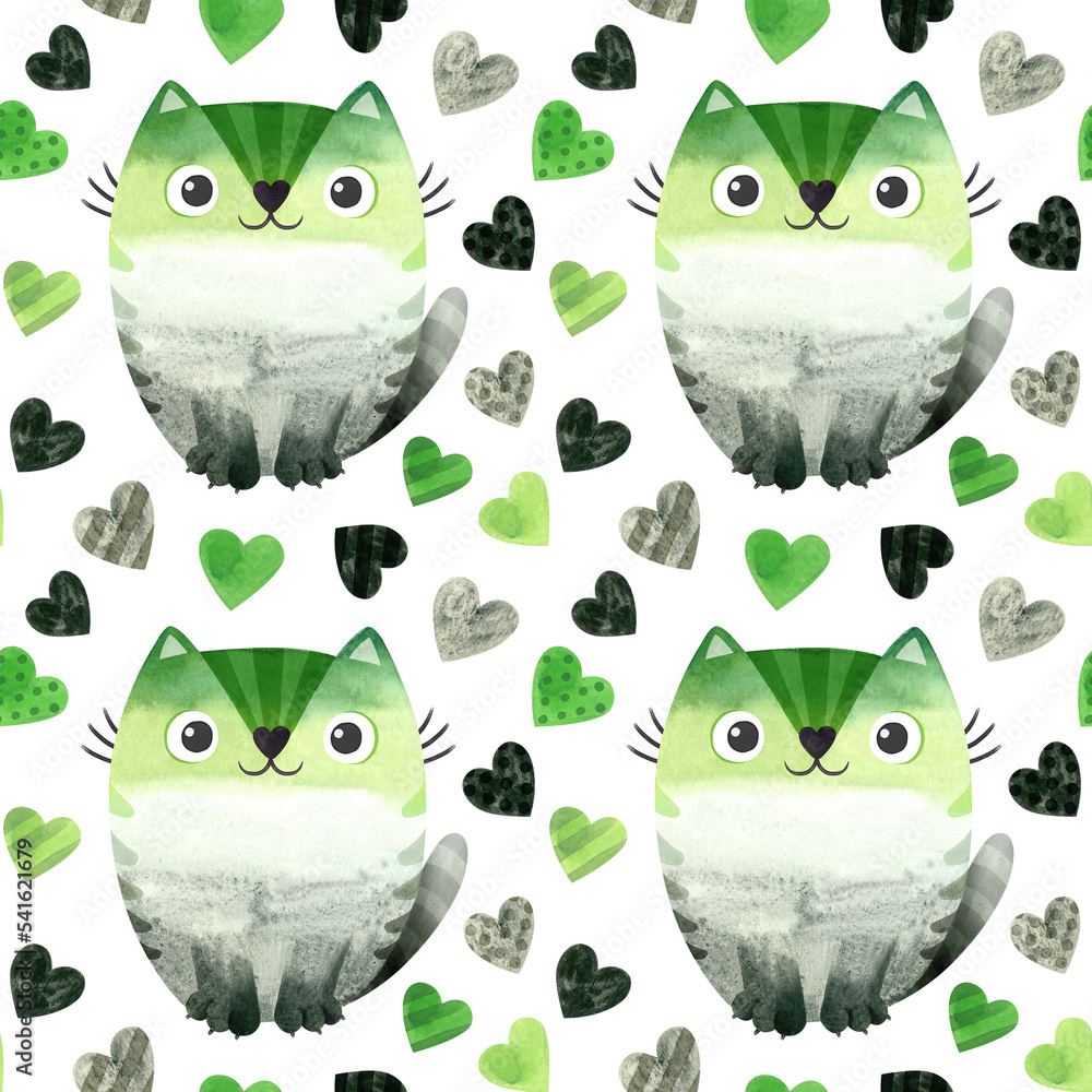 Aromantic pride month seamless pattern with cute cats. LGBTQIA art, LGBT watercolor rainbow ...