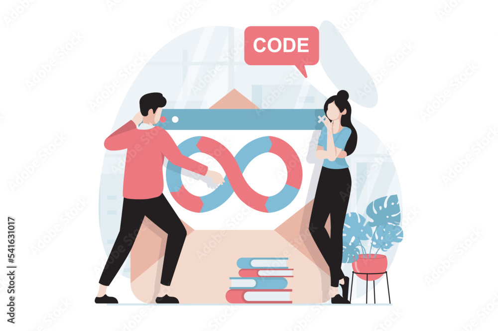 Vetor de DevOps concept with people scene in flat design. Woman and man ...