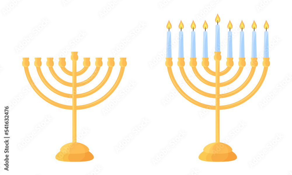 Hanukkah menorah empty and with lit candles. Set of traditional Jewish ...