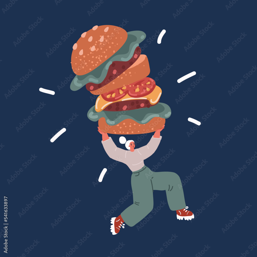 Cartoon vector illustration of woman holding big burger and run Stock ...