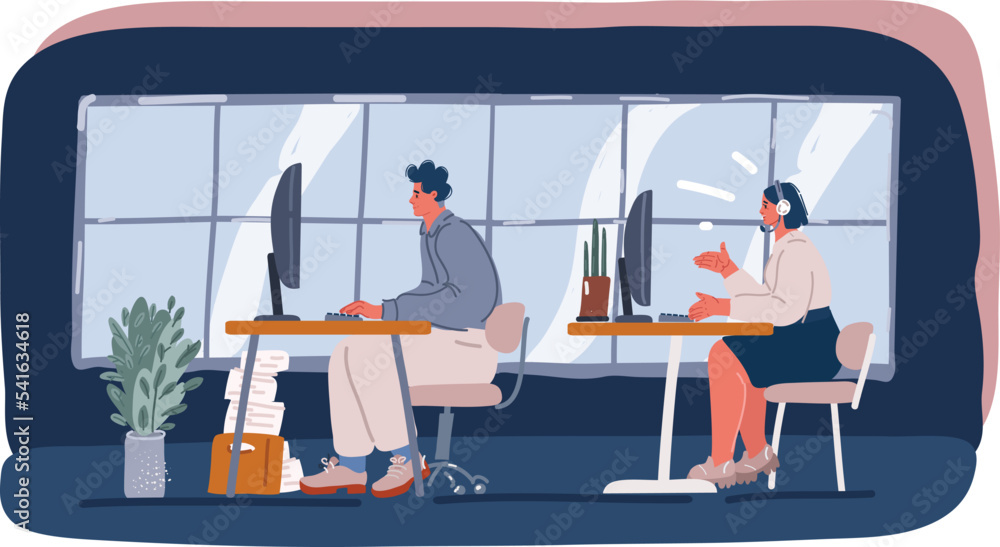 Cartoon vector illustration of Group of office workers sitting at desks ...