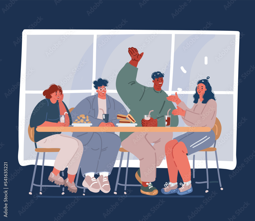 Cartoon vector illustration of People together in a cafe eat and talk ...