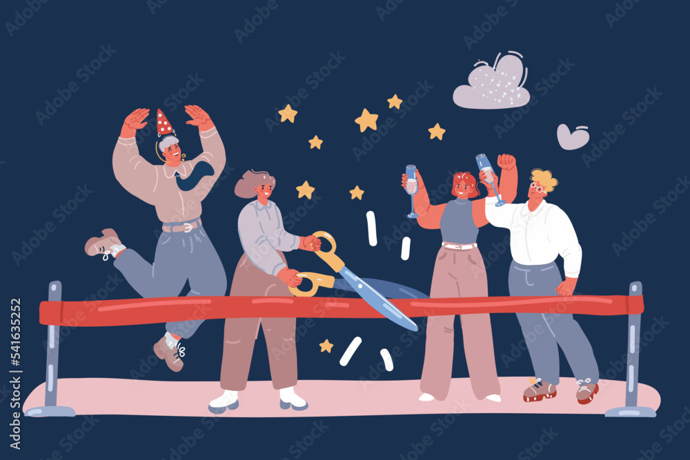 Cartoon vector illustration of Owner with scissor cuts ribbon at ...
