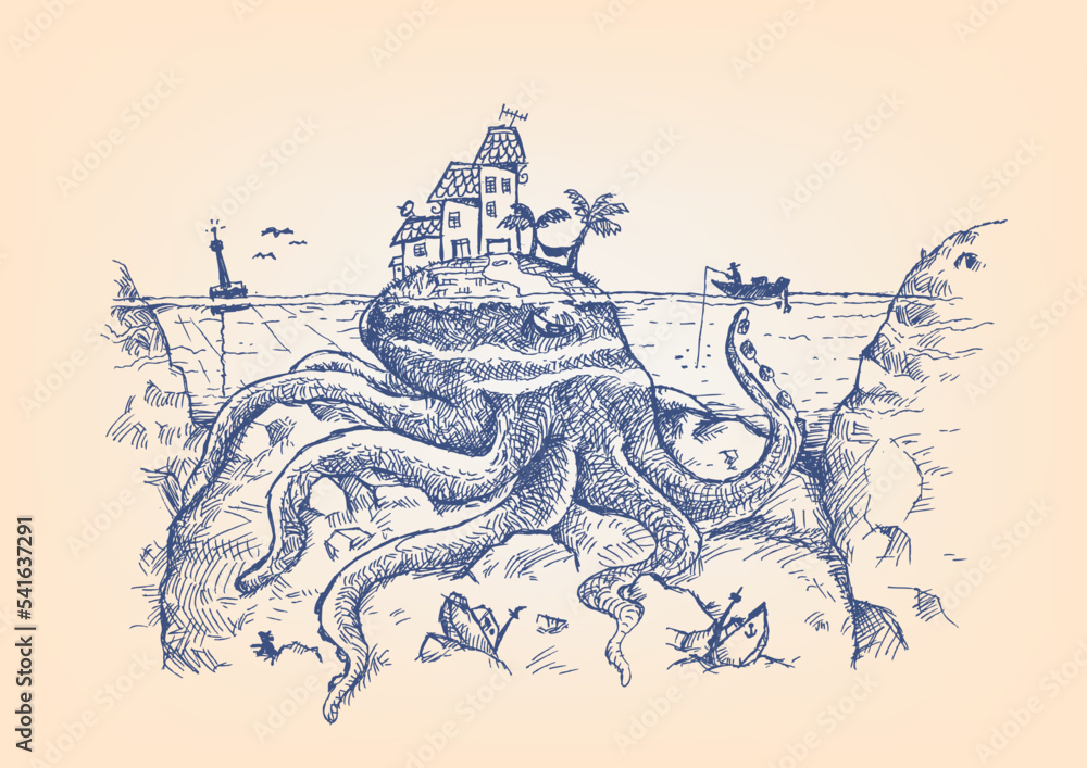Doodle of a Giant Octopus disguised as an Island attacks a fisherman ...