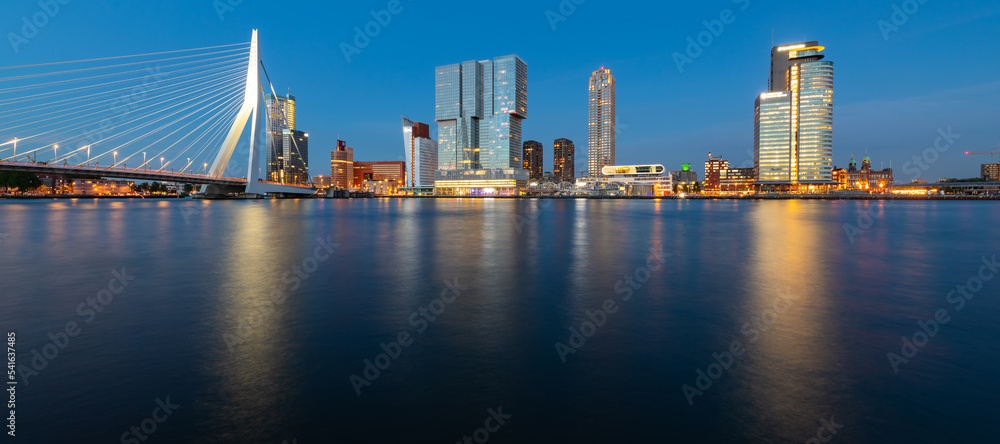 Rotterdam Netherlands wide angle nighttime panorama with skyline ...