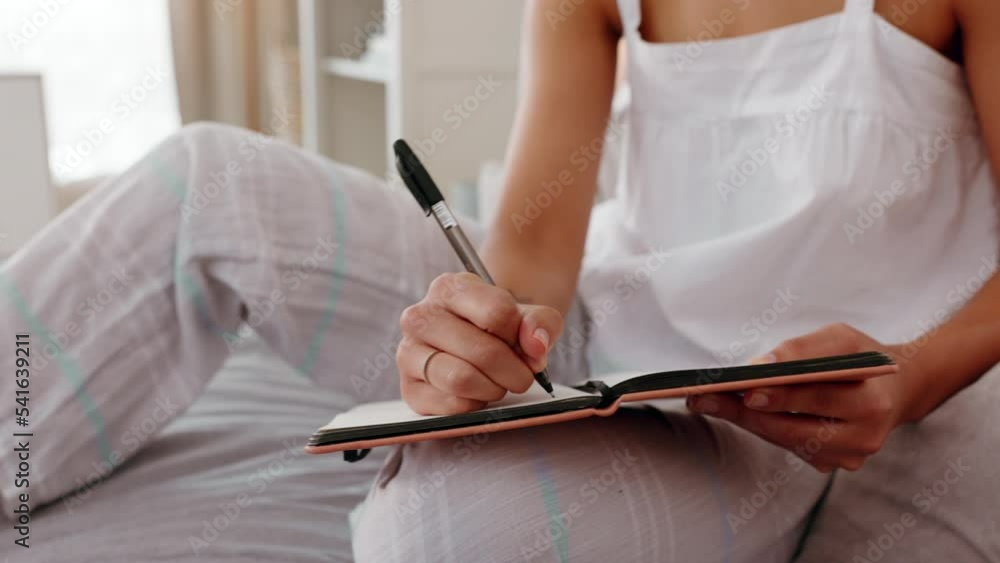 Woman writing in journal, hand notes in bedroom with pen and student ...