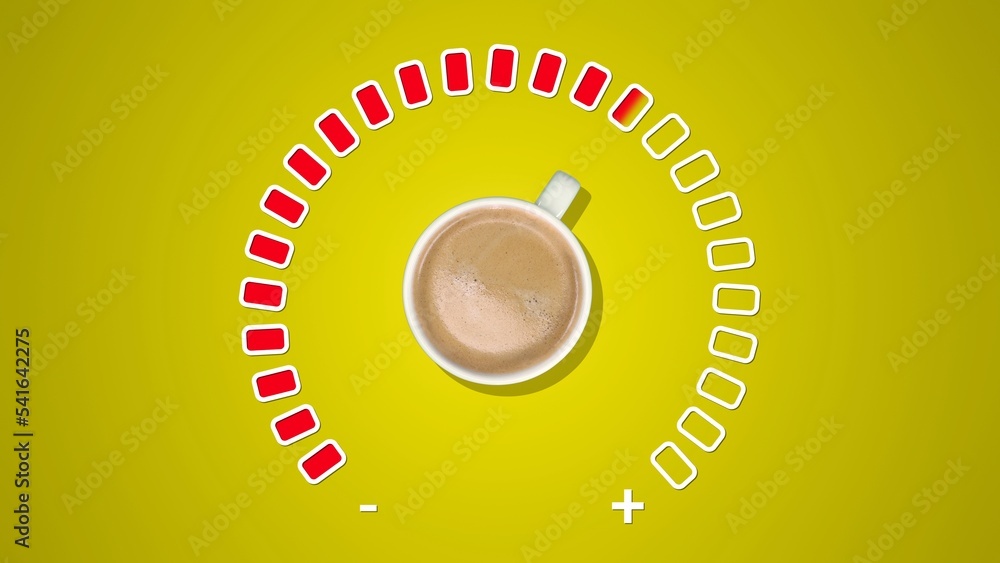 Scale of fuel indicator, showing fuel level and cup coffee with foam at ...
