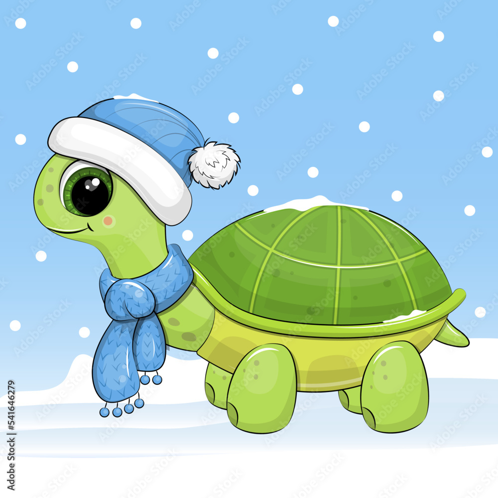 Cute cartoon green turtle wearing a hat and scarf. Winter vector ...