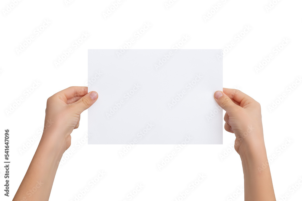 White sheet of paper in the hands of a boy. Horizontal position ...