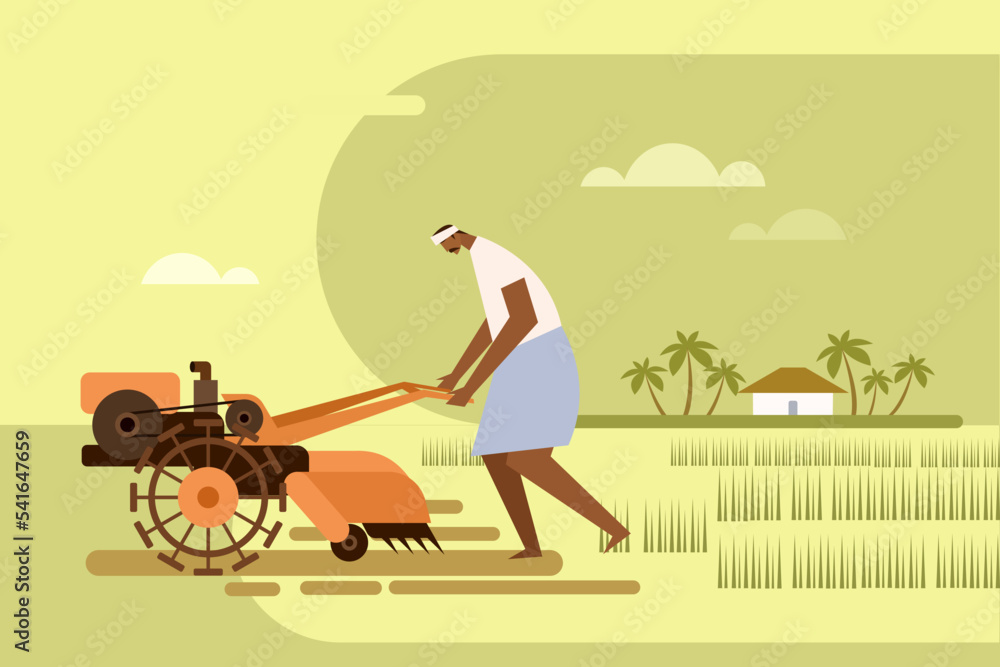 Illustration of farmer using power tiller machine to plough the paddy ...