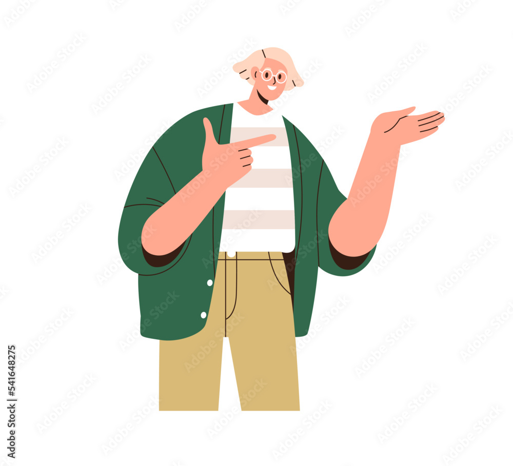 Happy person showing, presenting smth with hand gesture to side ...