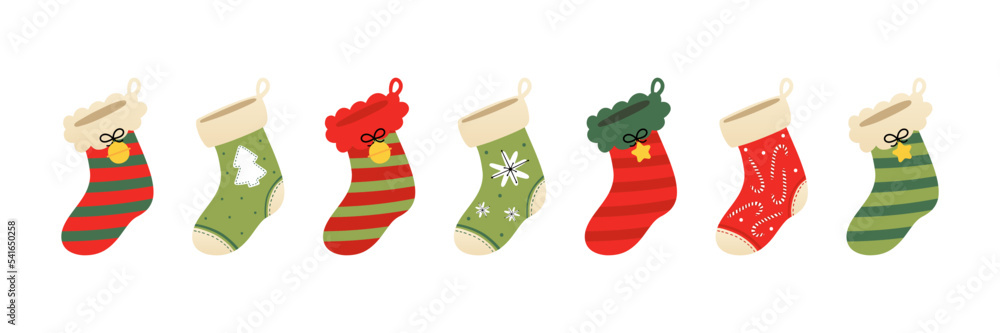 Set, collection of cute decorated christmas socks, christmas stocking ...
