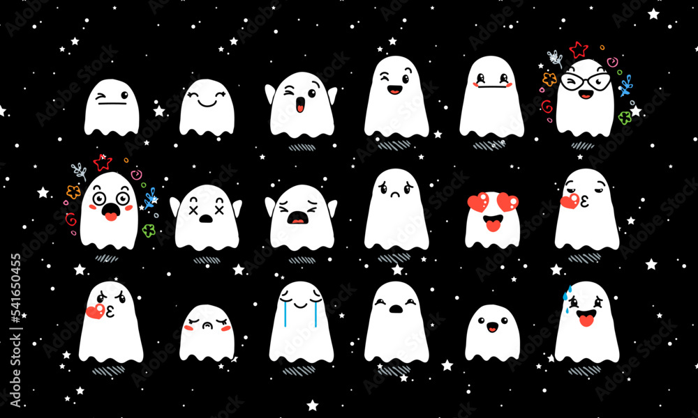 Set of Various Cartoon Ghosts with Emoticons. Doodle ghouls, eyes and ...