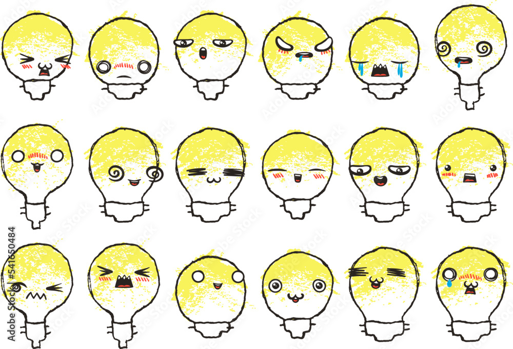 Set of Various Cartoon Bulbs with Emoticons. Doodle lightbulb, ideas ...