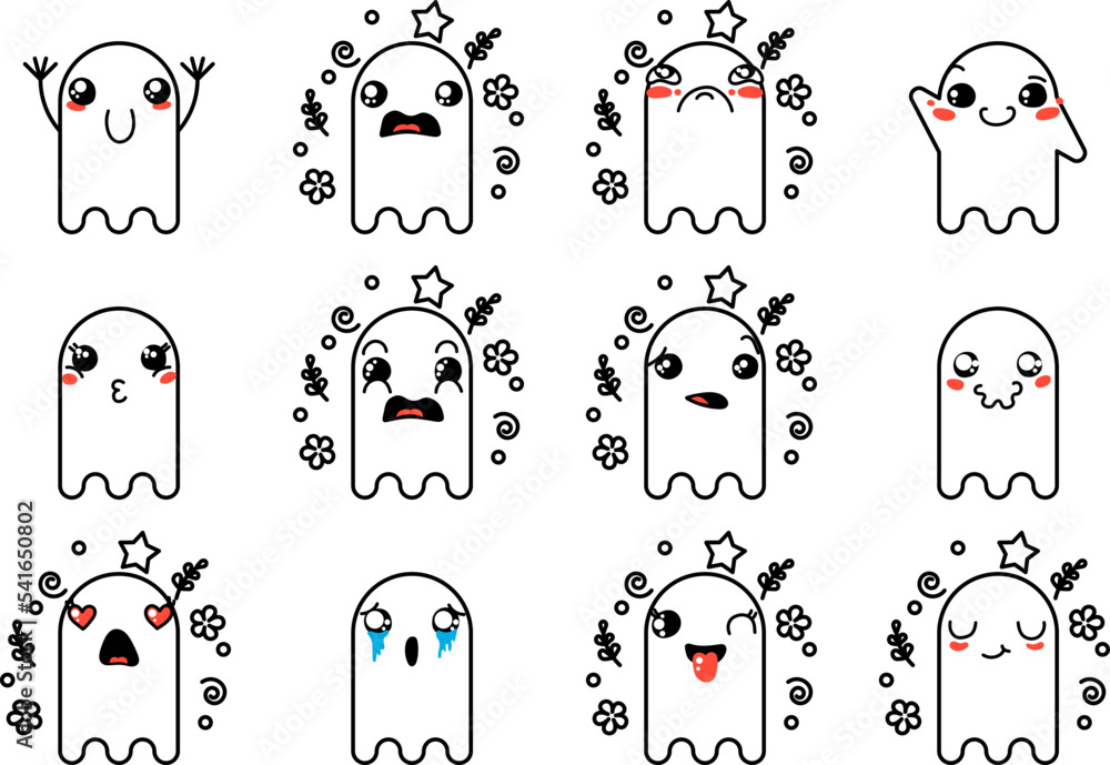 Set of Various Cartoon Ghosts with Emoticons. Doodle ghouls, eyes and ...