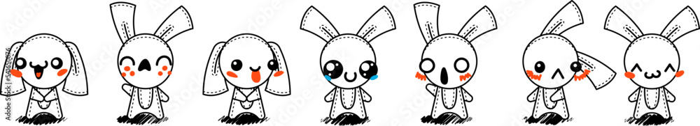 Outline Cartoon Rabbits. Emoticons, doodle faces, eyes and mouth ...