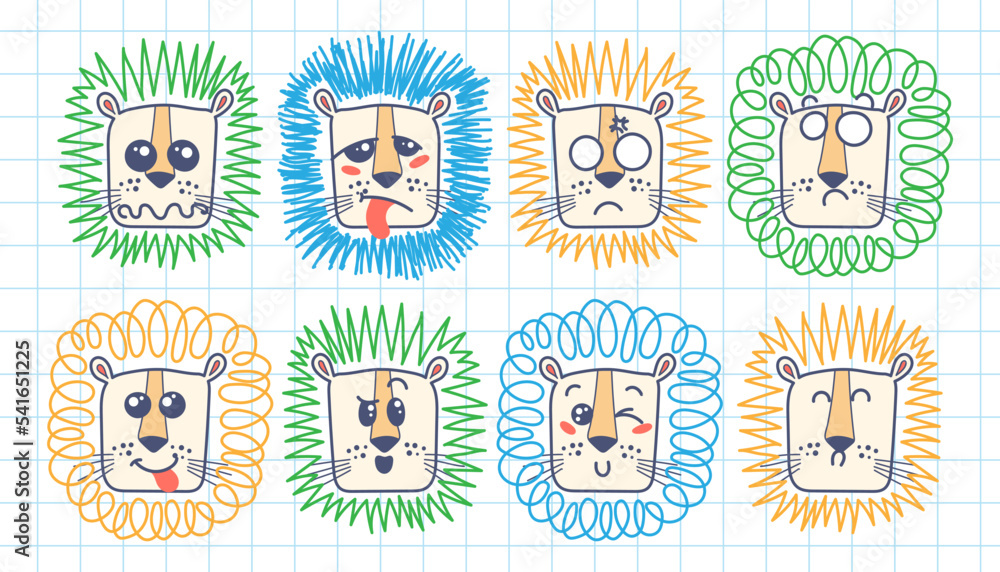 Isolated doodle cute Lion emoticons. Cute set of vector animals with ...