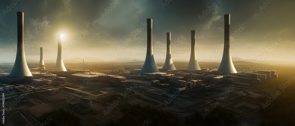 Artistic concept illustration of an aerial nuclear power plant ...