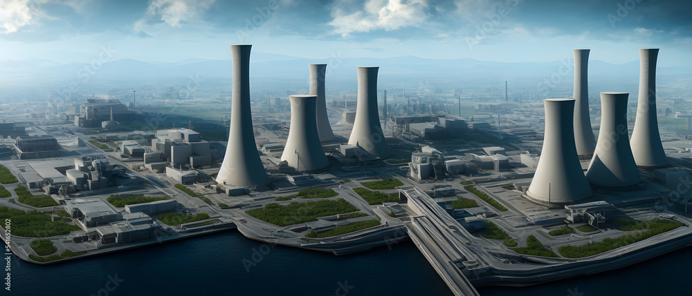 Artistic concept illustration of an aerial nuclear power plant ...