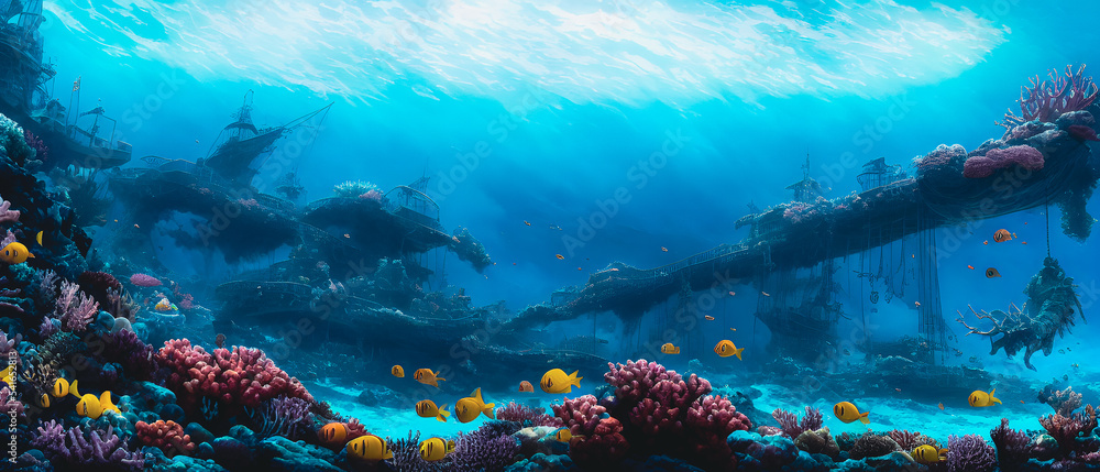 Artistic concept illustration of a underwater pirate ship, background ...
