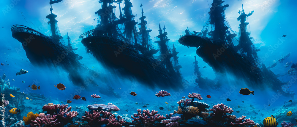 Poster Artistic concept illustration of a underwater pirate ship ...