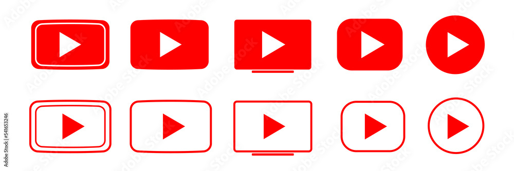 YouTube logo set . YouTube icons and buttons set .Video player vector ...