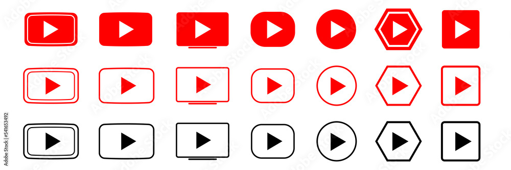 YouTube logo set . YouTube icons and buttons set .Video player vector ...
