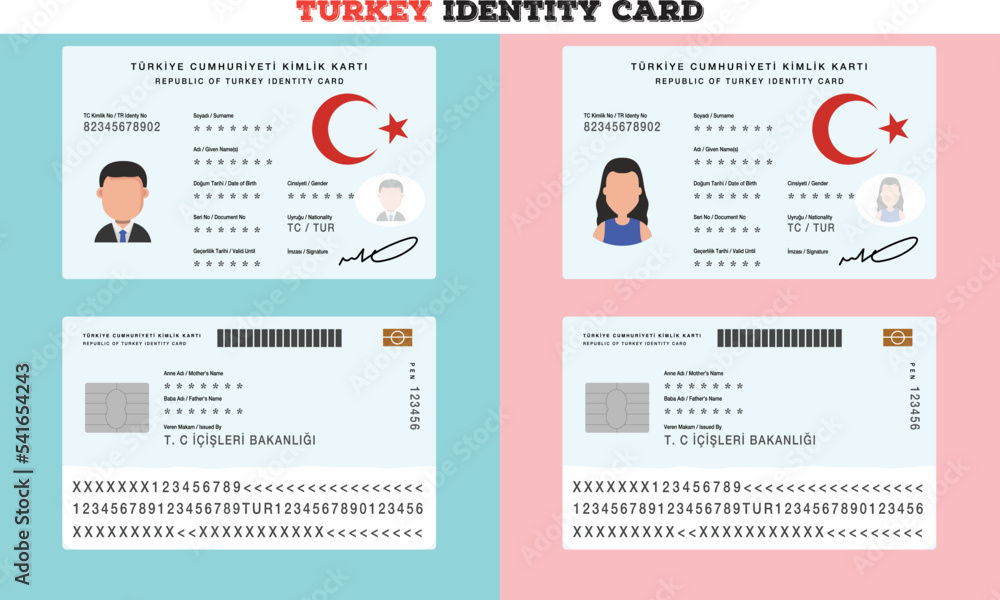 Republic of Turkey identity card front back vector work. Stock Vector | Adobe Stock