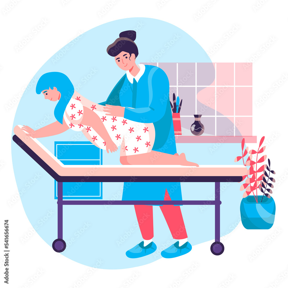 Pregnancy concept. Pregnant woman on all fours, nurse is helping her ...