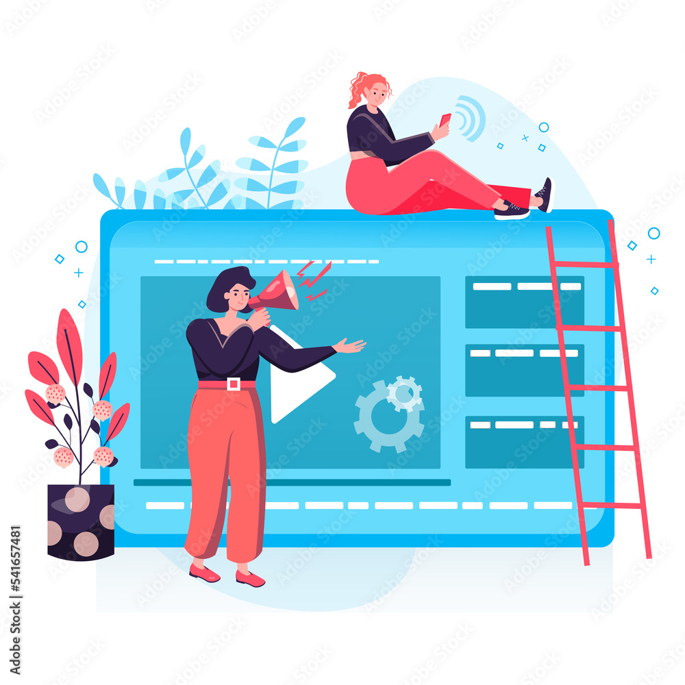 Digital marketing concept. Women marketers create advertising content ...