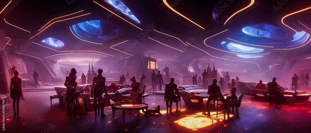 Artistic concept illustration of a futuristic night club, background ...