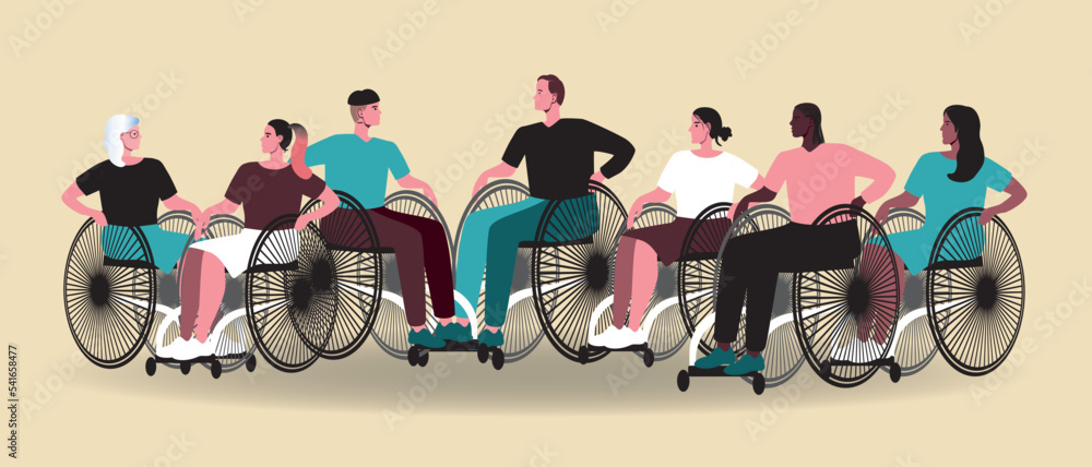 Inclusive people in wheelchairs as community, flat vector stock ...
