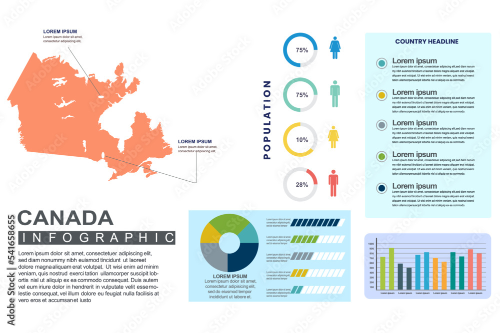 Canada detailed country infographic template with world population and ...