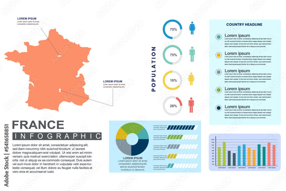 France detailed country infographic template with world population and ...