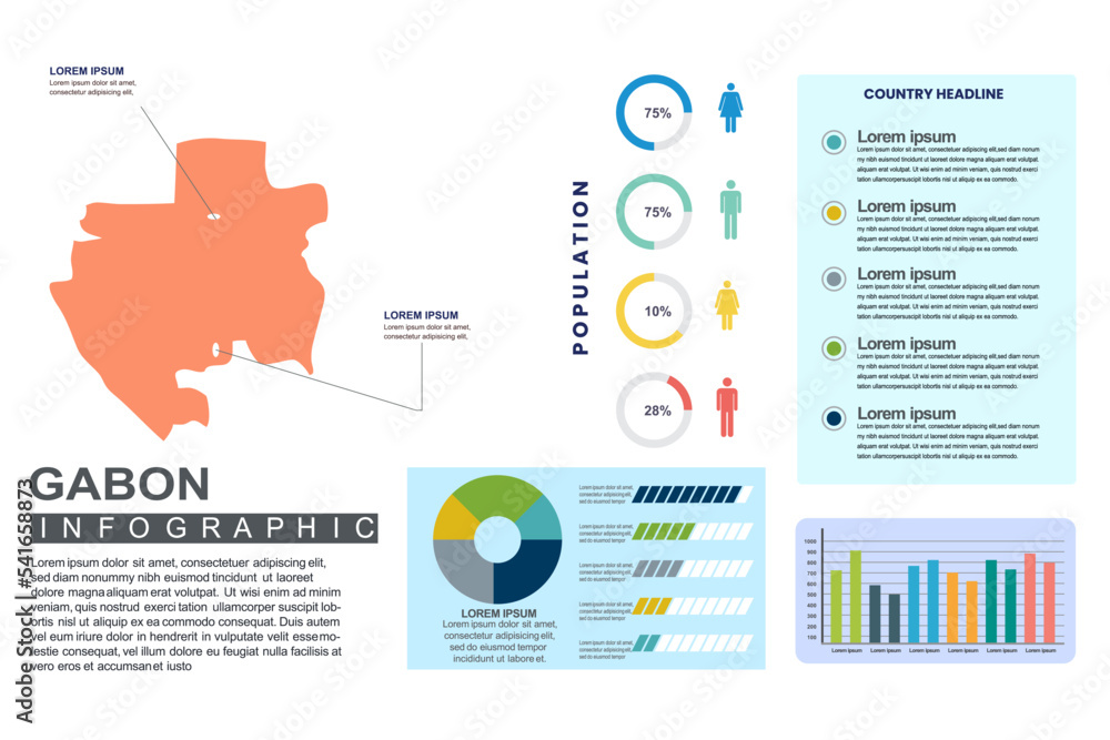 Gabon detailed country infographic template with world population and ...