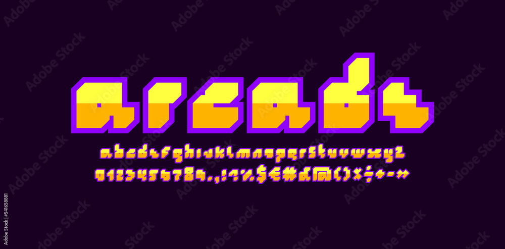 3D Pixel font alphabet or typeface, letters and number set made in ...