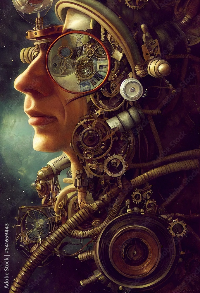 A fictional person, not based on a real person. Steampunk mechanized ...