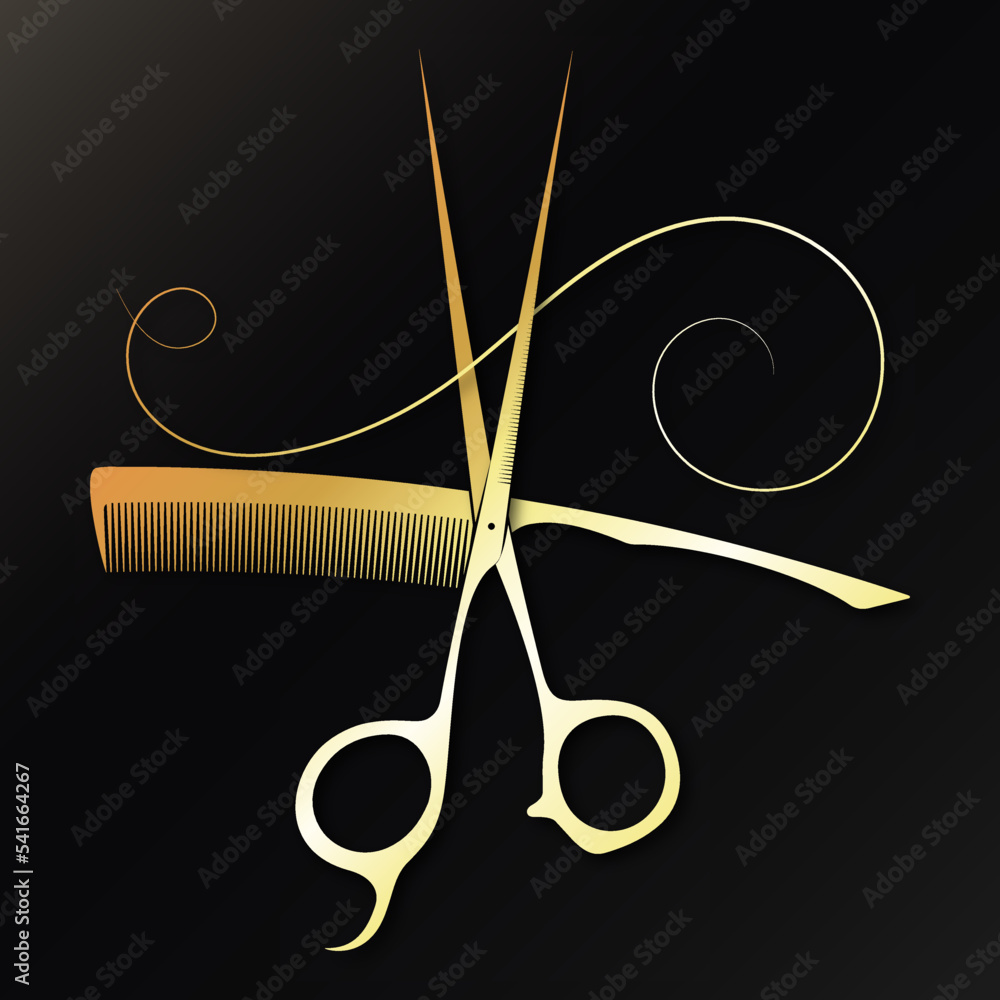 Gold symbol for hair stylist and beauty salon. Scissors comb and curls ...