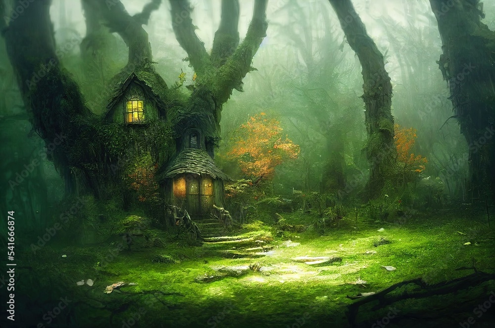 Magical fantasy fairy tale scenery of tree house at night in a forest ...