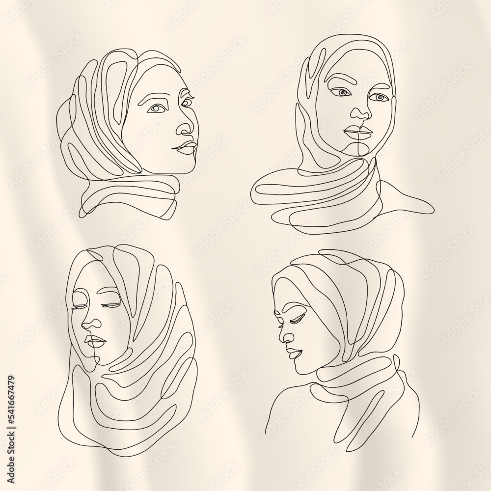 set of minimal line art of women in hijab collection ,muslim portait ...