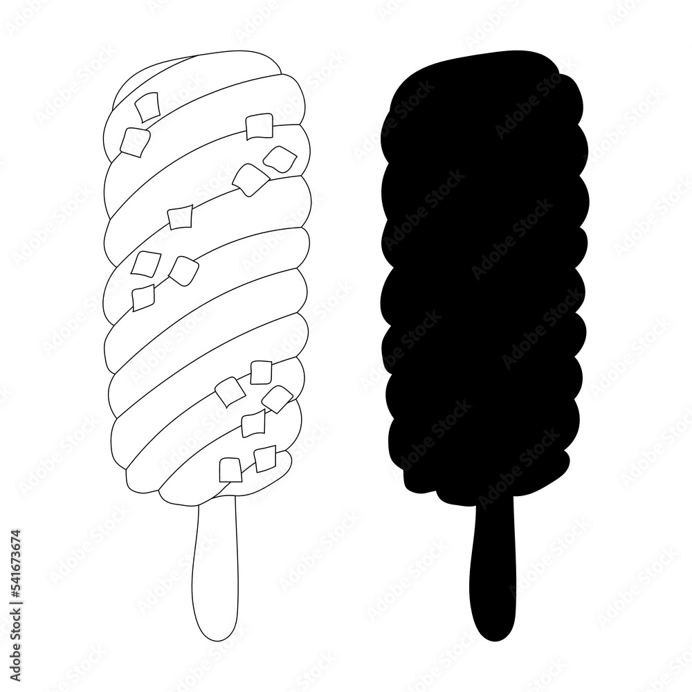 Appetizing ice cream with fruits and syrup, coloring and silhouette ...