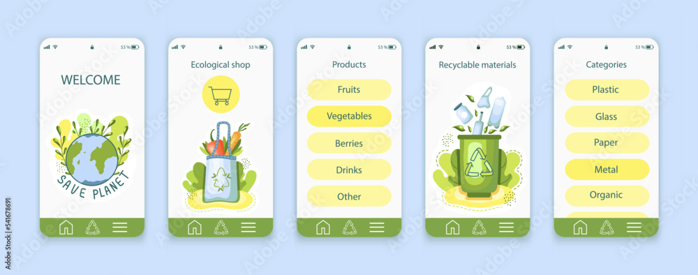 Set of UI, UX screens for mobile app about ecology. Ecology Dashboard ...