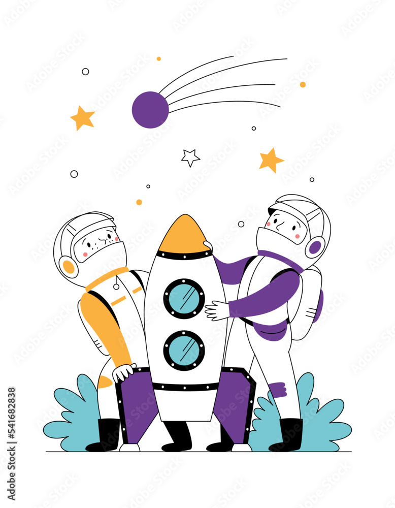 Vetor de Happy boys play together and fantasize about flying into space ...