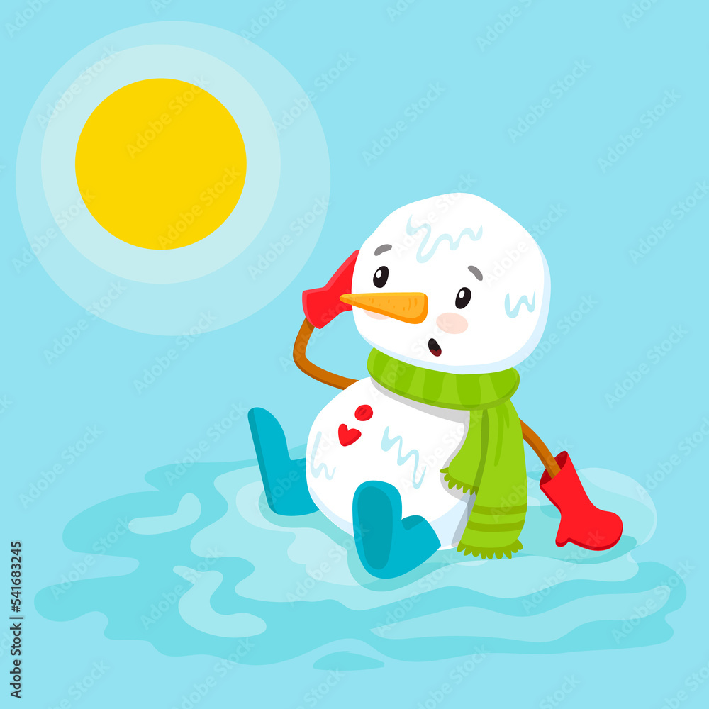 cartoon snowman melting. Sad snowman character in spring. Stock ...