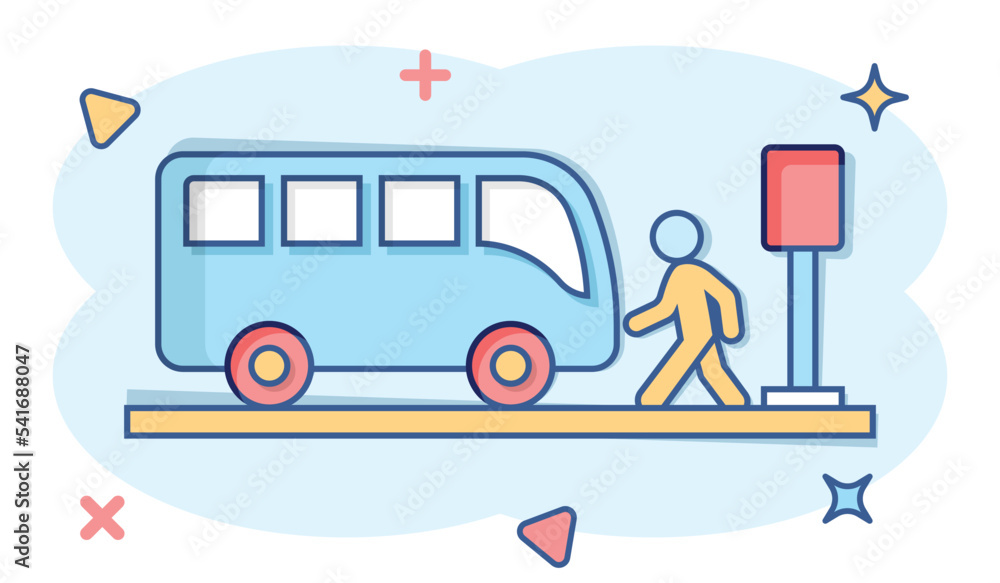 Bus station icon in comic style. Auto stop cartoon vector illustration ...
