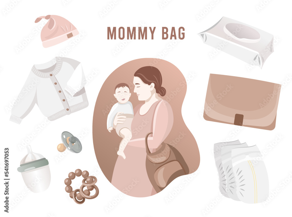 Mom accessories set, Young mother with a child in her arms, Diaper bag ...