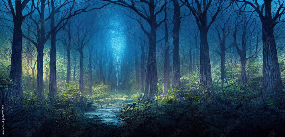 Magical fairy tale forest landscape background with babbbling brook ...