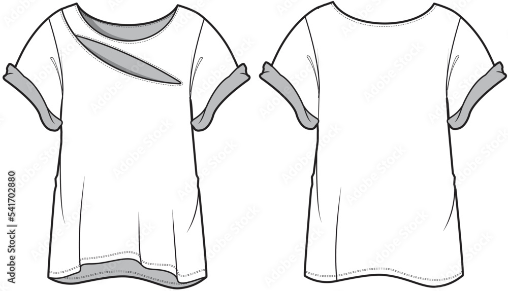 Cut Out T-Shirt Front and Back View. Fashion Illustration, Vector, CAD ...