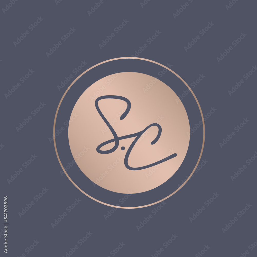 SC monogram logo.Calligraphic icon.Script letter s, letter c.Rose gold ...